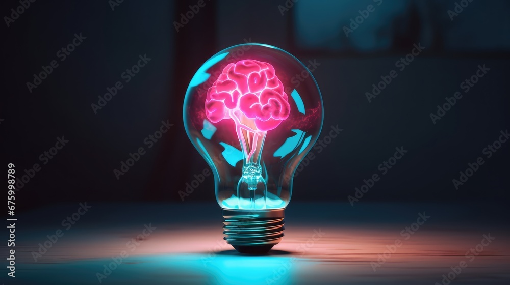 shimmering red brain light bulb lamp on black, human mind brain light ...