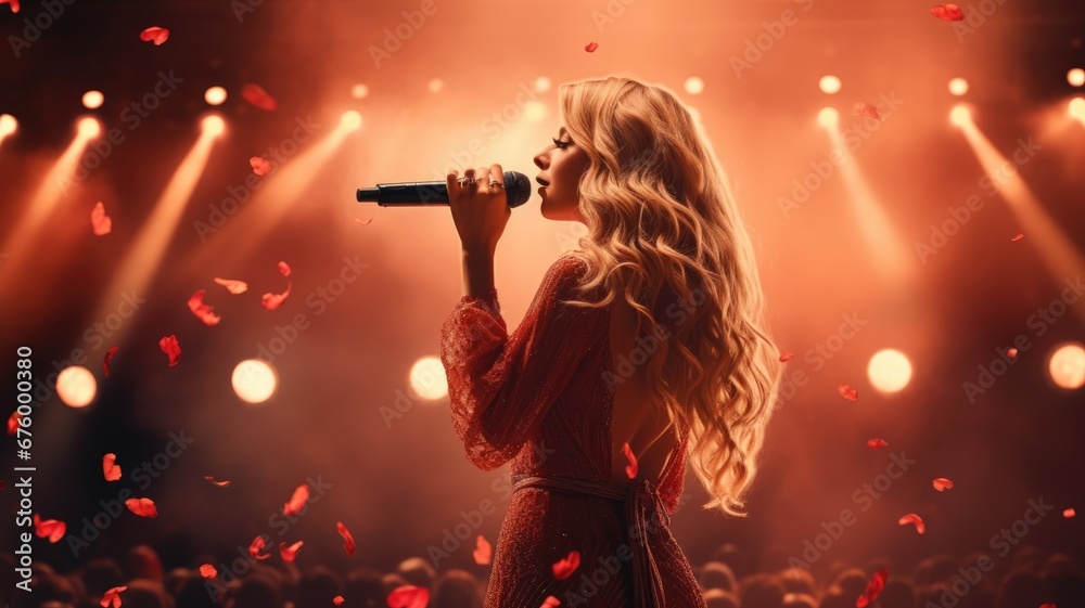 Female singer at pop concert stage singing with backlit lighting in pop ...