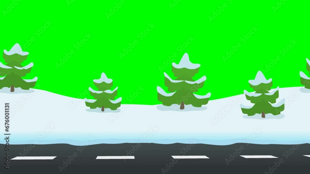 Looped animation of a snowy fir forest with road with foreground and ...
