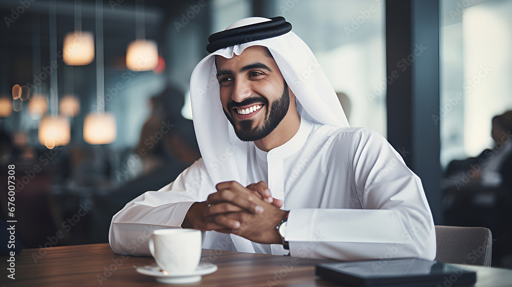 Saudi Arabian businessman at a traditional business meeting in the UAE ...