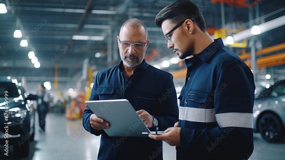 Engineer and factory workers inspection check control heavy machine ...