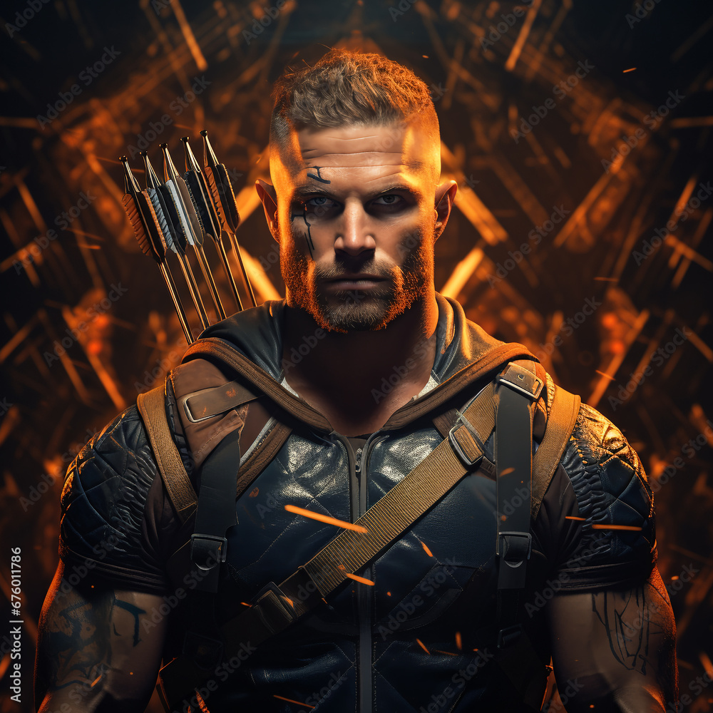 Portrait of a handsome brutal male archer in leather clothes with ...