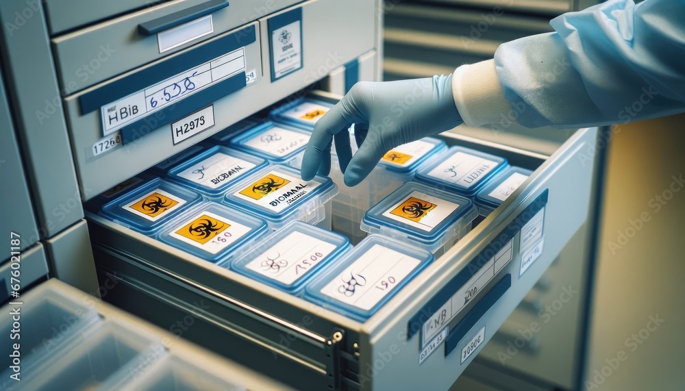 Biobank Lab worker hand placing plastic storage boxes labeled with ...