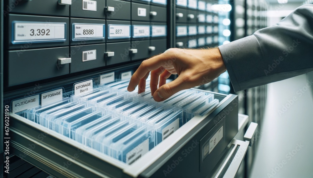 Biobank worker's hand placing labeled plastic boxes with biomaterial ...