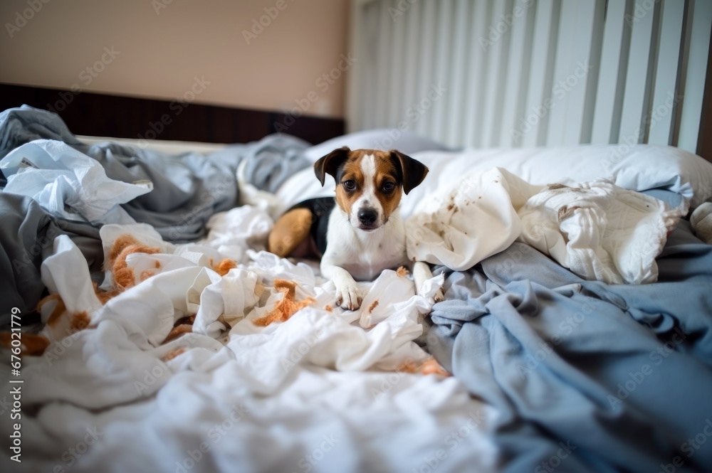 Cute dog lying guilty on bed in mess among torn paper and bed linen ...