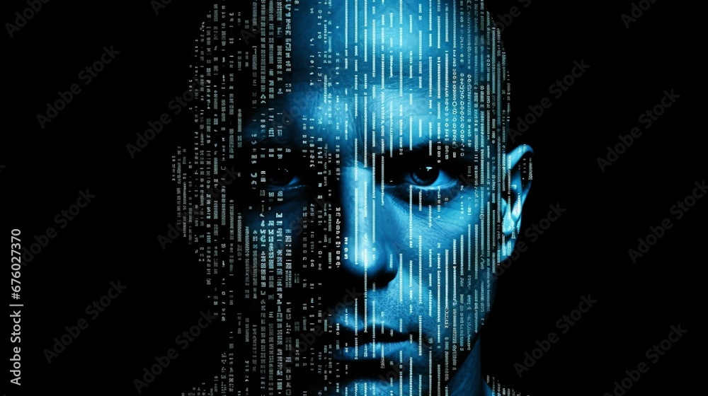 Man's Face In A Blue Technology Circuits Matrix Binary Code Background ...