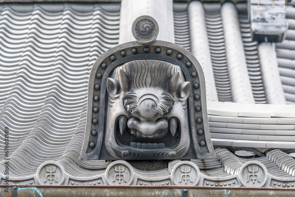 Onigawara (Goblin Ogre tile) Roof ornament at Hongaku-ji Temple ...
