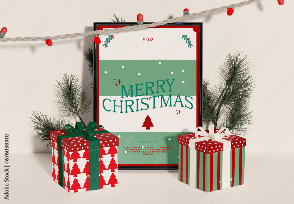 Tablet with Christmas Light Mockup Stock Template | Adobe Stock