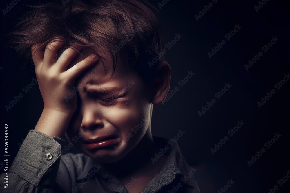 Kid boy stress and cry on dark background. ai generative Stock ...