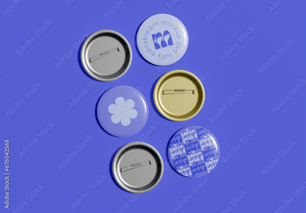 Six Metallic Pins Mockup Stock Template | Adobe Stock