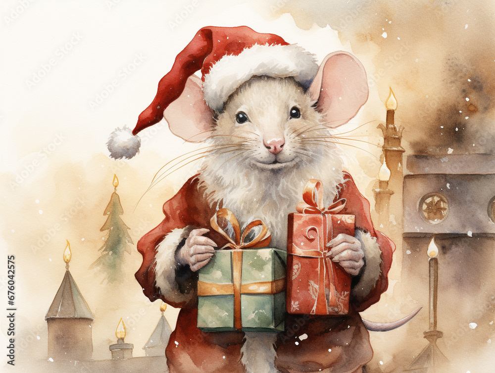 A Watercolor Portrait of a Rat Dressed Like Santa Claus in a Christmas ...