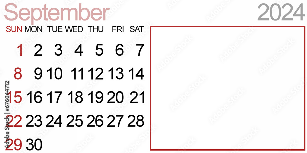 September 2024: Calendar with Copy space. White background. Week starts ...