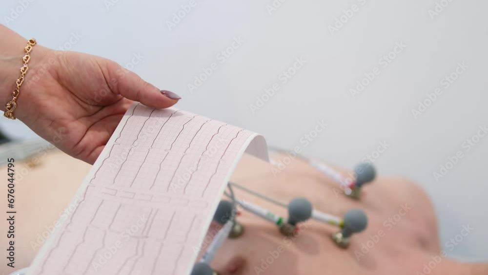 cardiogram in the hospital woman doctor examines a man patient puts ...