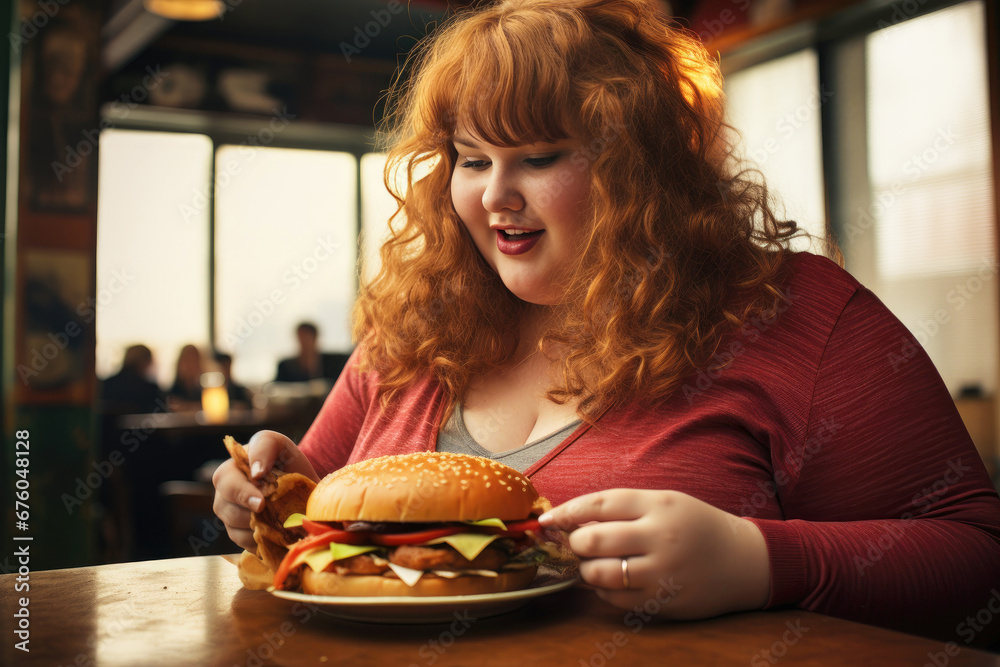 Unhealthy eating habits: overweight woman indulges in a high-calorie ...