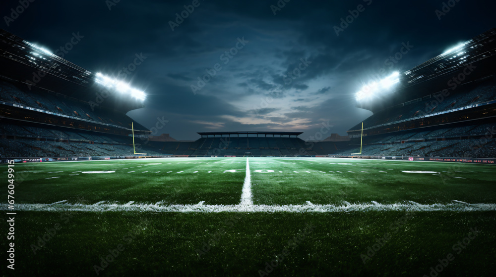 American football stadium, with its lush green field and towering ...