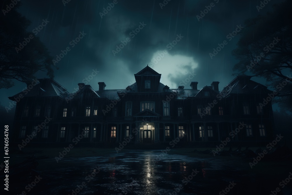 Creepy old mansion during a thunderstorm at night Stock Photo | Adobe Stock