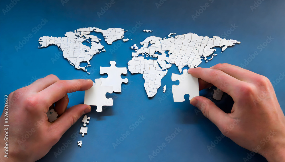 concept of worldwide geopolitics. mysterious people building new world ...