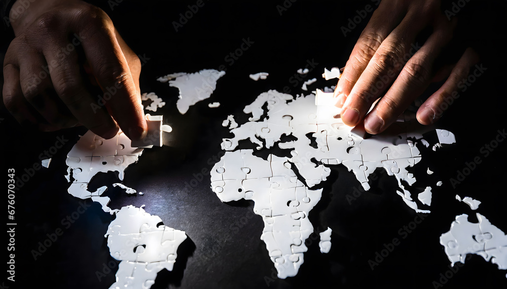 concept of worldwide geopolitics. mysterious people building new world ...