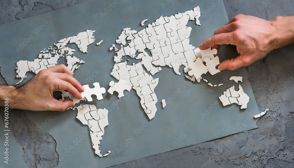 concept of worldwide geopolitics. mysterious people building new world ...