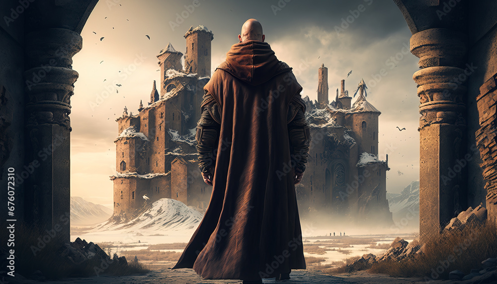 Enigmatic monk standing front of Haunted scarry Castle. Generative AI ...