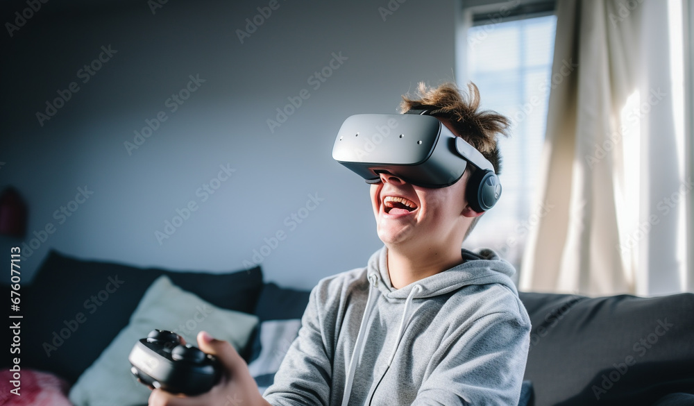 Gen Alpha Teenager Playing Videogame with VR Headsets. Gen Alpha ...