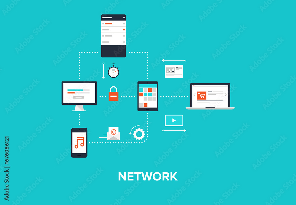 Abstract flat vector illustration of network concept isolated on blue ...