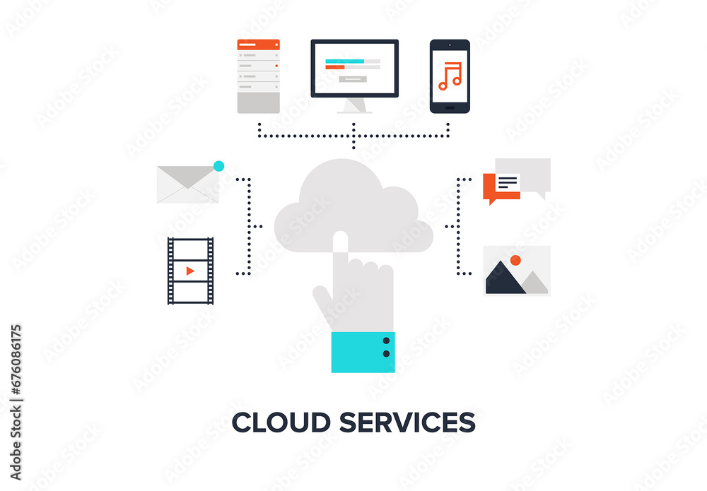 Vector illustration of cloud computing concept on different electronic ...