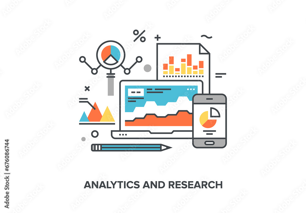 Vector illustration of analytics and research flat line design concept ...