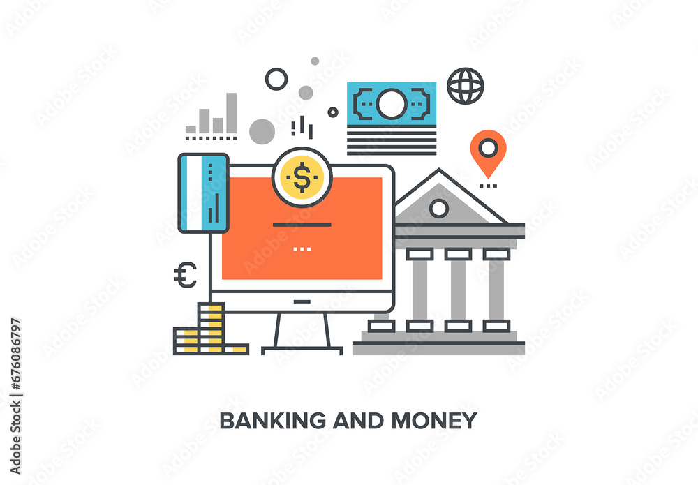 Vector illustration of banking and money flat line design concept ...