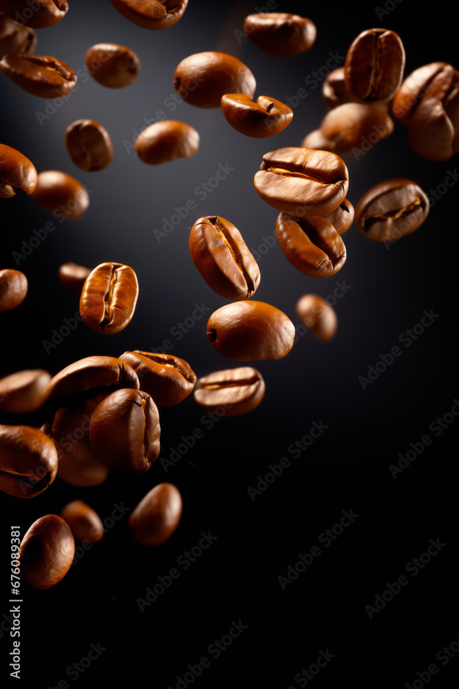 Coffee beans are shown in motion on black background, in the style of ...