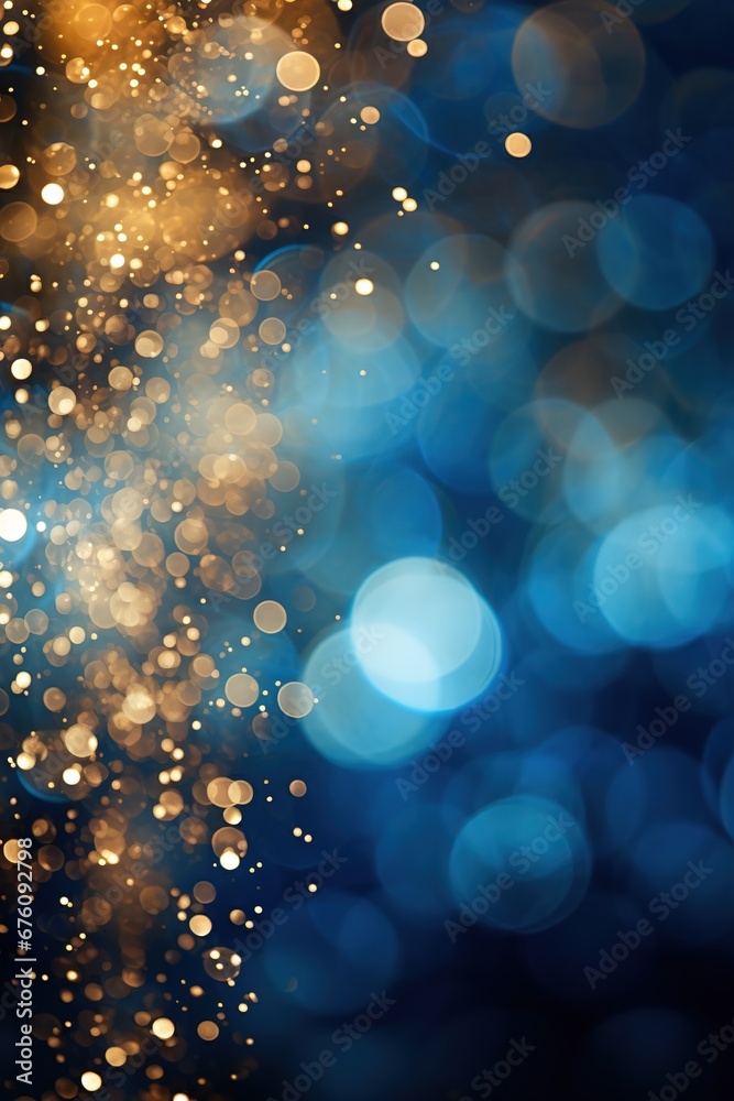Senkrechter Hintergrund mit Gold Glitter und blauen Lichter. Unscharfe Lichtkreise deuten eine ...