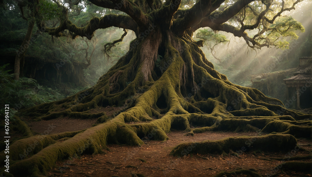Ancient tree with gnarled roots and a thick trunk in the jungle - AI ...