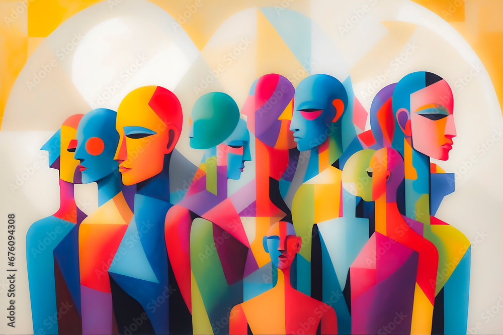 Abstract artwork of stylized human faces with geometric shapes in a ...