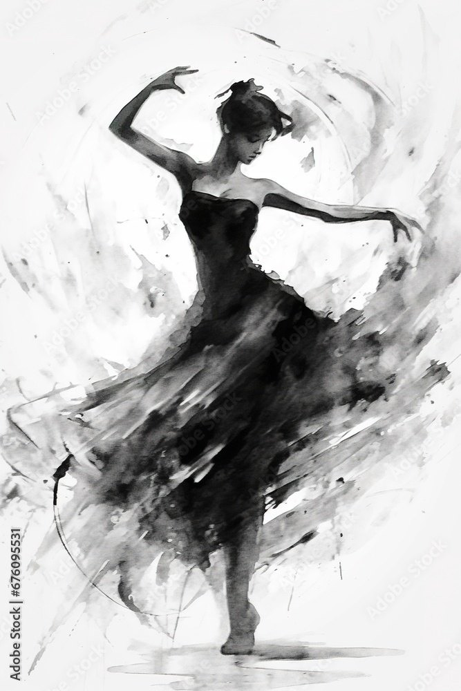Generative AI, Beautiful dancing woman drawn by black ink or watercolor ...