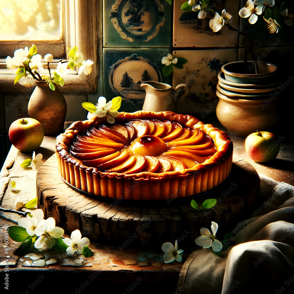 Tarte Aux Pommes on a Rustic Wooden Table, A Delicious French Country ...
