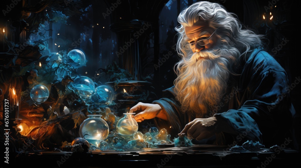 The magic of Santa Claus. An old man with a white beard casts a spell ...