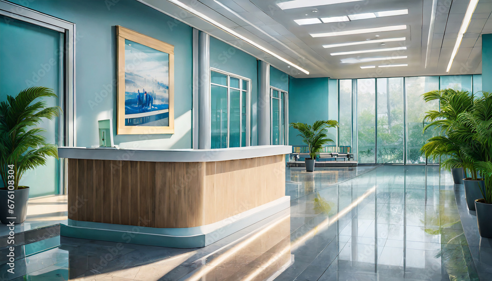 Empty lobby counter section in hospital healthcare background with ...