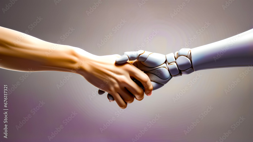 Two hands are touching each other with robotic arm in front of them ...