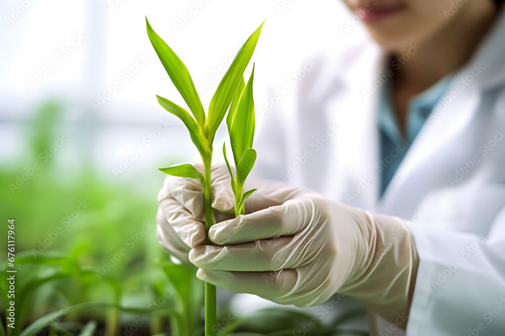 scientist holds the small plant when sunlight streams through the plant ...