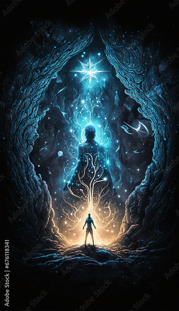 A male fantasy wizard, facing an epic magical dreamy entrance, mystical ...