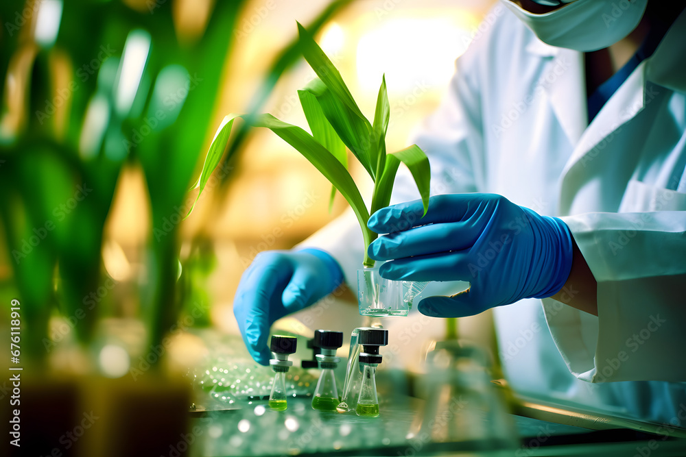 scientist holds the small plant when sunlight streams through the plant ...