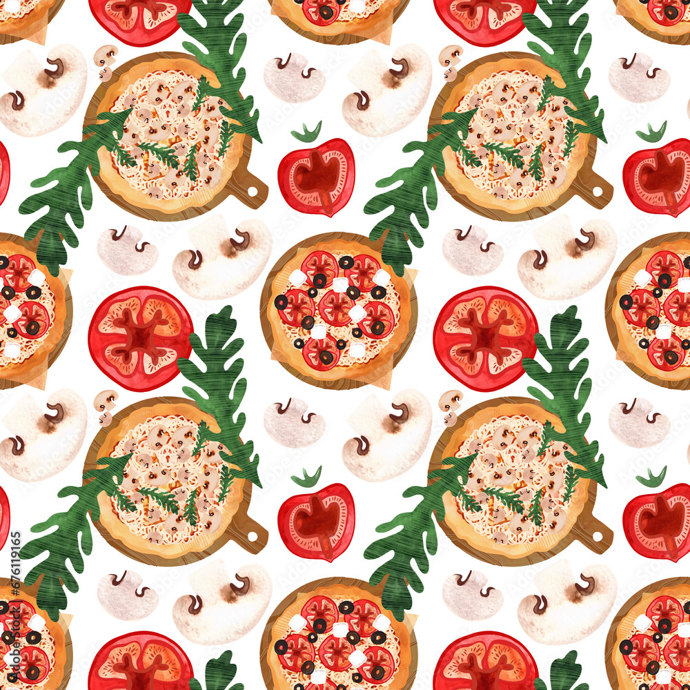 Seamless pizza pattern with mushrooms, tomatoes, olives and arugula ...
