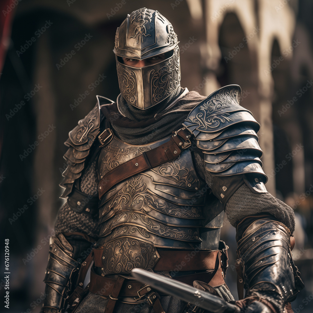 Portrait of a powerful knight standing guard with sword in hand Stock ...