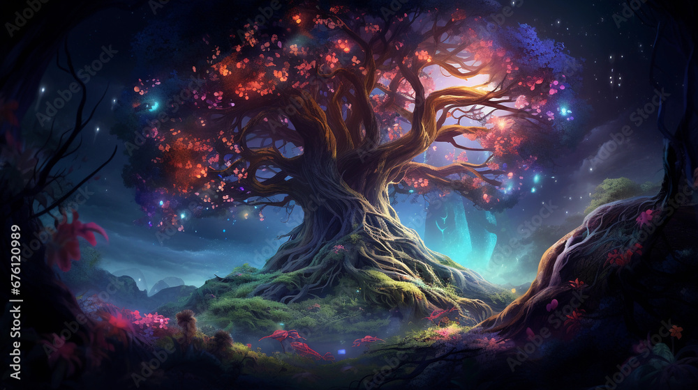Fantasy Magic Tree: A mysterious, glowing, magical tree with vibrant ...