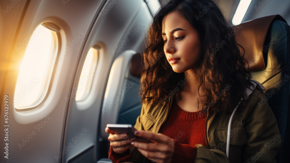 Adult girl uses smartphone sitting in flying plane. Young woman ...