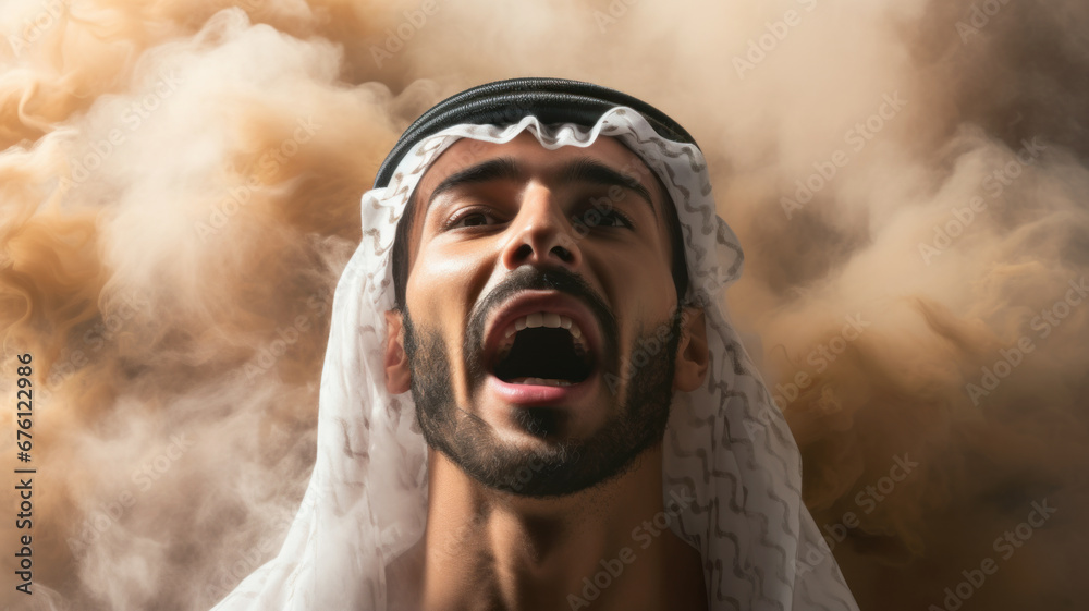 Portrait of bearded Arab man on smoke background, face of person during ...
