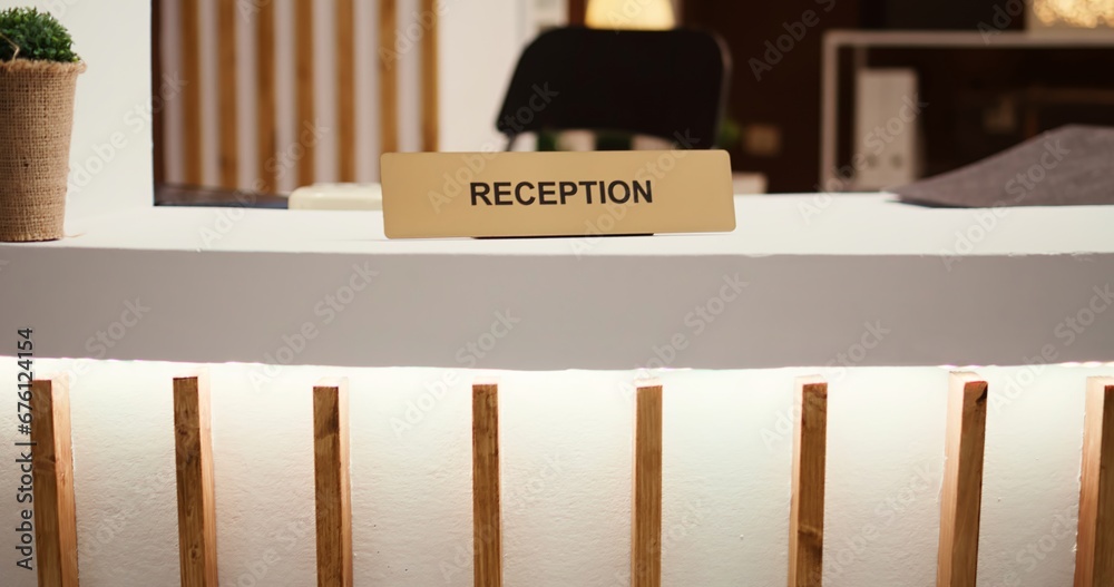 Reveal of reception sign travel accommodation hotel lobby modern clean ...
