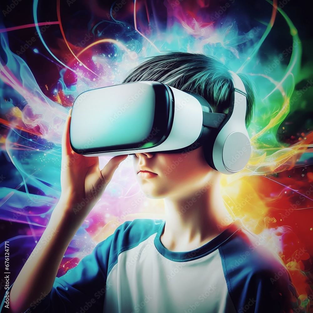 Boy VR Headset Virtual World virtual reality simulator. A boy in a ...