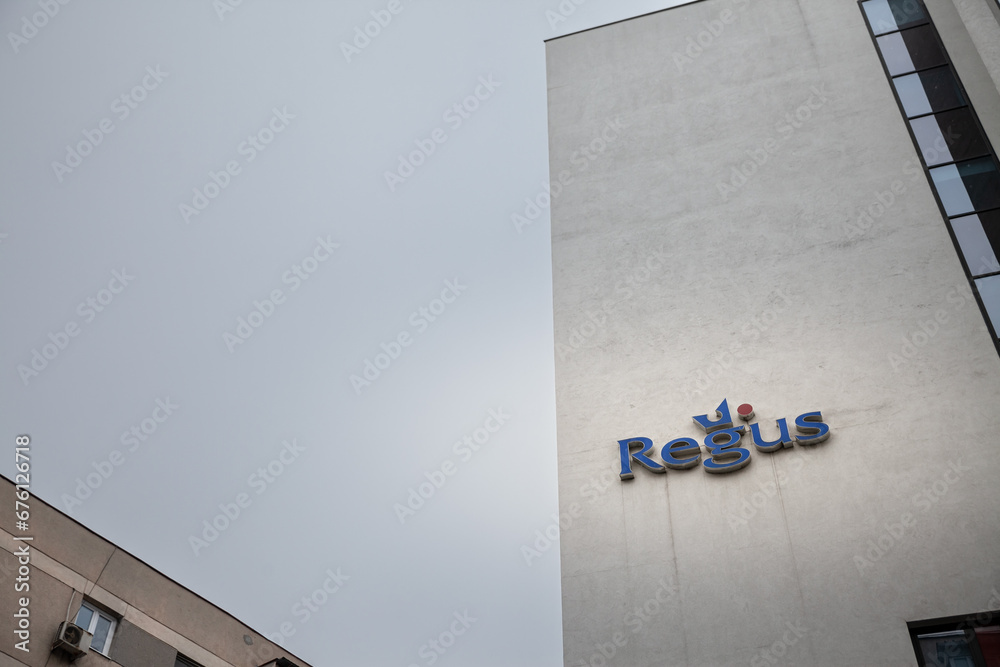 BUCHAREST, ROMANIA - MARCH 15, 2023: Logo of Regus on their main office ...