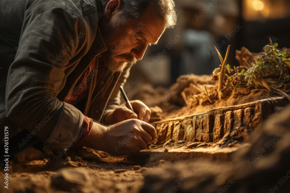 An experienced archaeologist carefully brushes away dirt to uncover ...